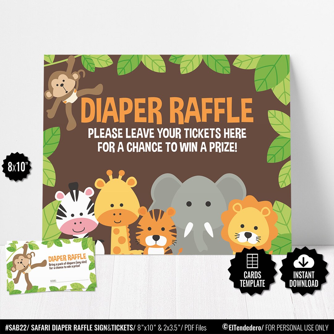 Safari Baby Shower Diaper Raffle Tickets and Sign. Printable Baby ...