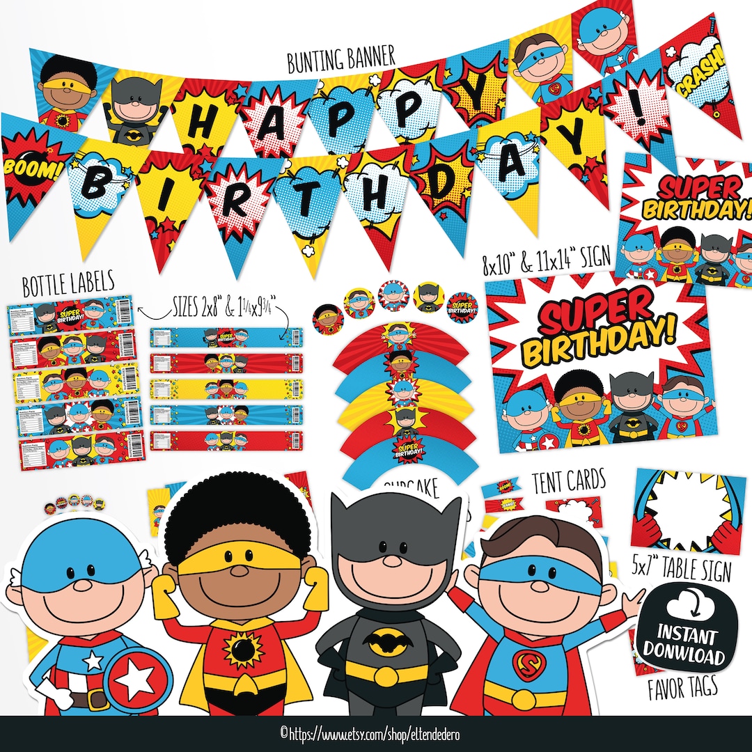 PRINTABLE Superhero Birthday Decorations Package. Printable Comic Book ...