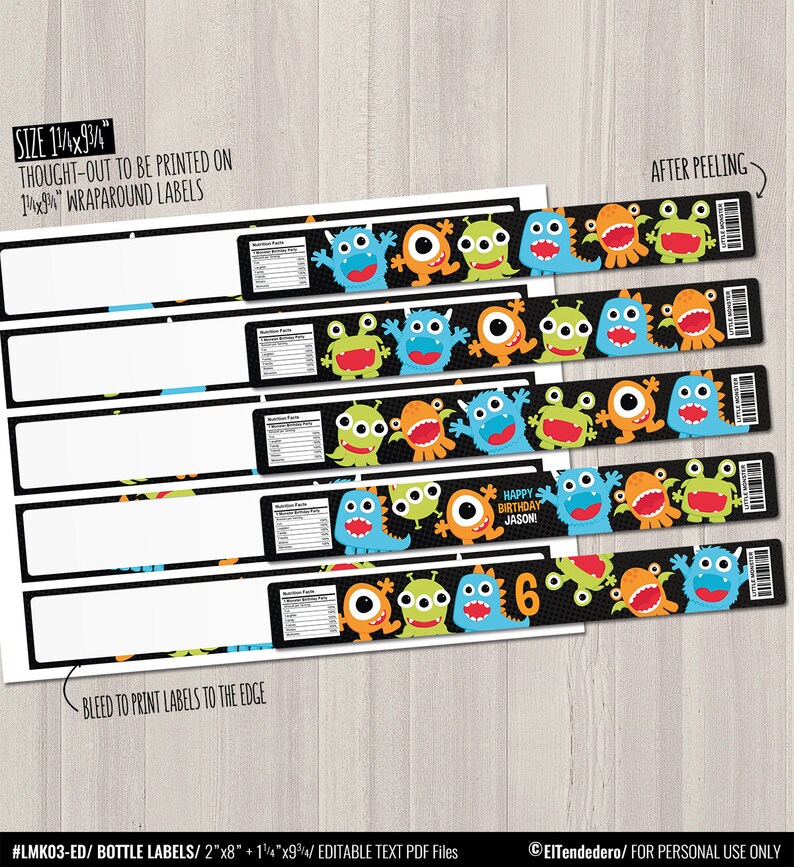 SELF EDITABLE Little Monster Bottle Labels. Printable Kids - Etsy