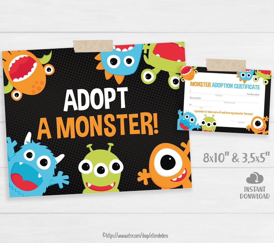 Adopt a Monster Sign, Little Monster Adoption Certificate. Kids Party ...
