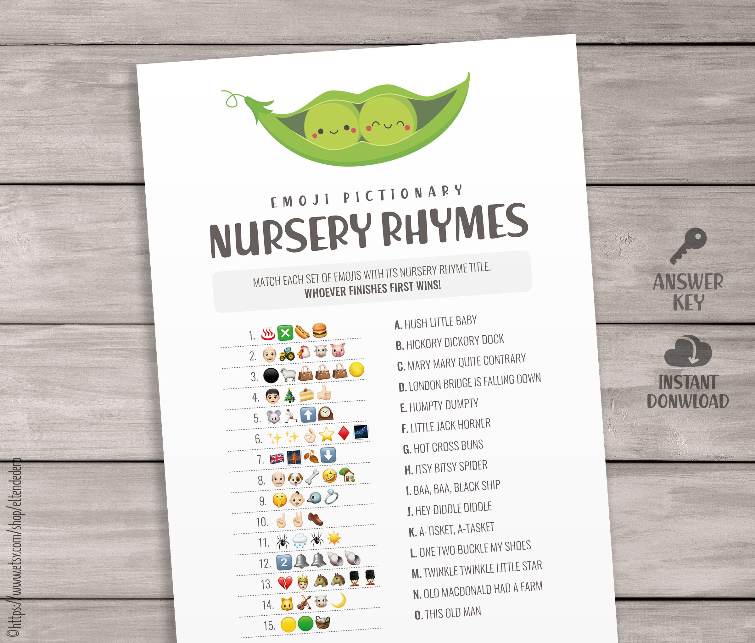 Nursery Rhymes Emoji Quiz Game Cards. Printable Two Peas in a | Etsy