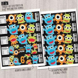 SELF EDITABLE Little Monster Bottle Labels. Printable Kids Party Water ...