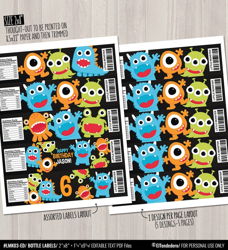SELF EDITABLE Little Monster Bottle Labels. Printable Kids - Etsy