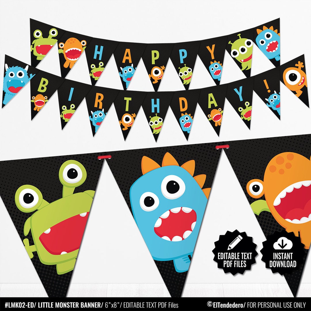 EDITABLE Banderines Cumpleaños Monstruitos Niños. Guirnalda-Banderola ...