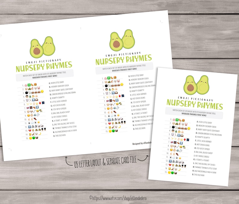 Nursery Rhymes Emoji Quiz Game Cards. Printable Avocado Baby Shower ...