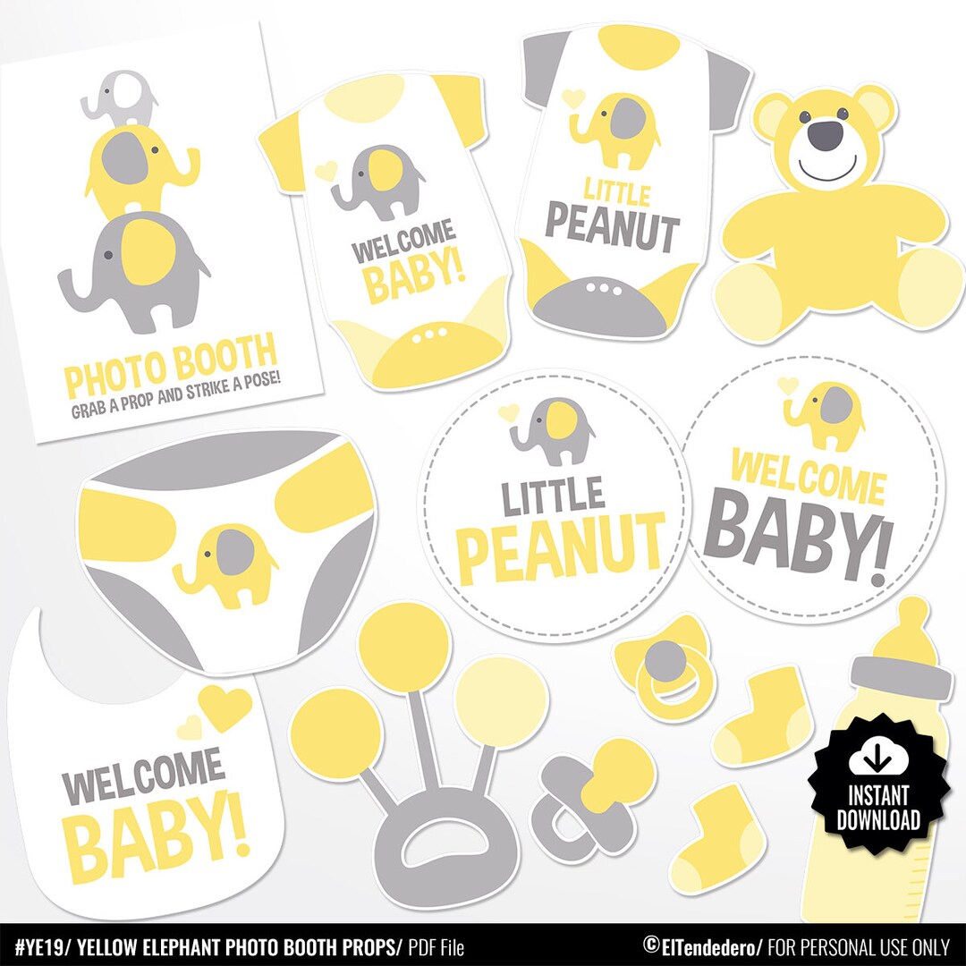 Baby Shower Photo Booth Props - Yellow Elephant Photo Props - Gender ...