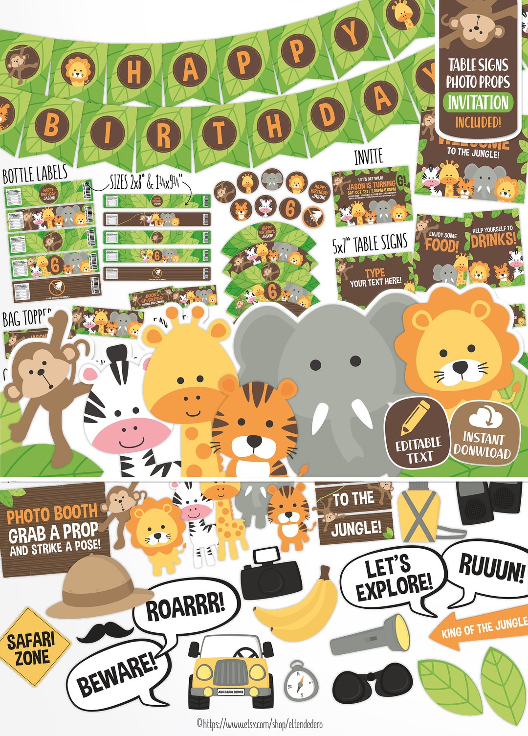 SELF EDITABLE Safari Birthday Decorations Package. Printable Jungle ...
