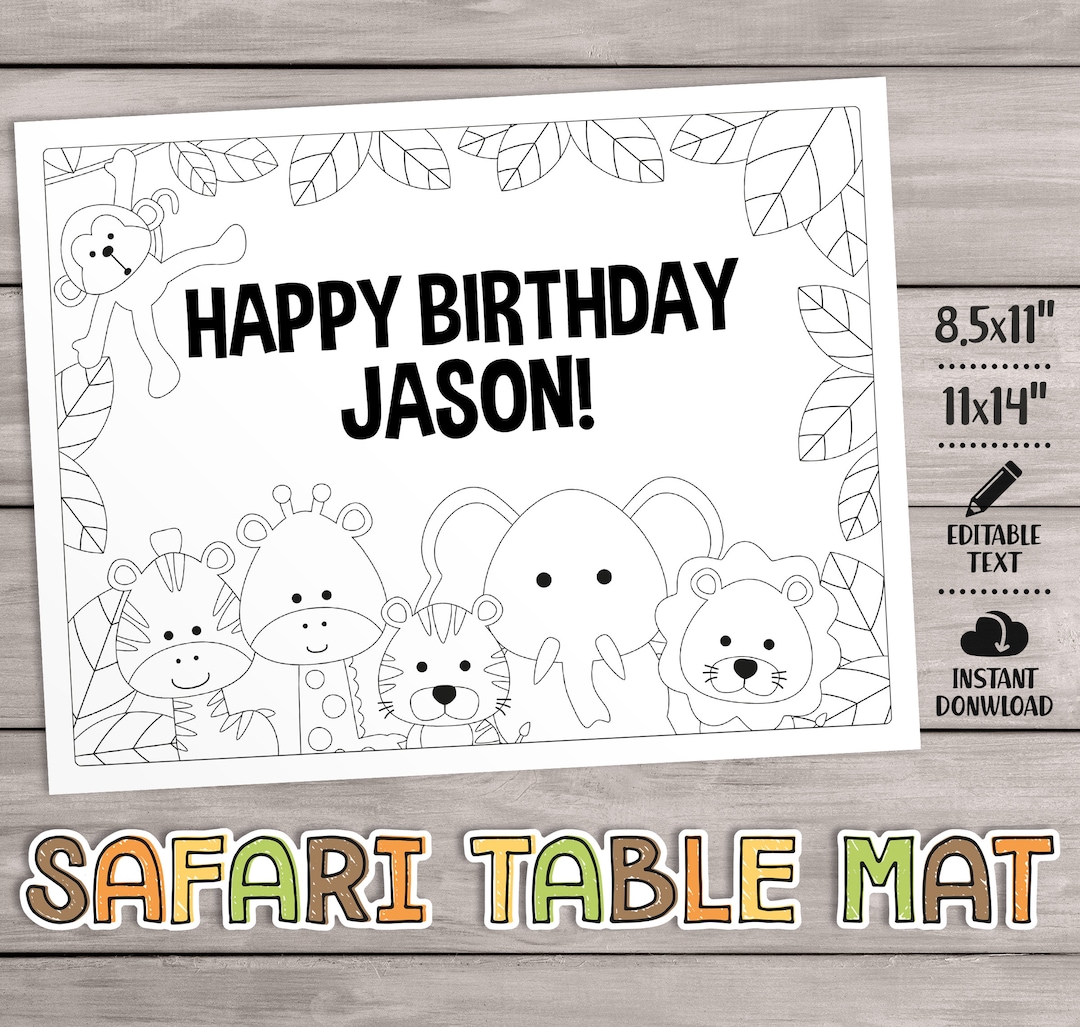 SELF EDITABLE Safari Kids Activities Table Mat, Party Games Placemat ...