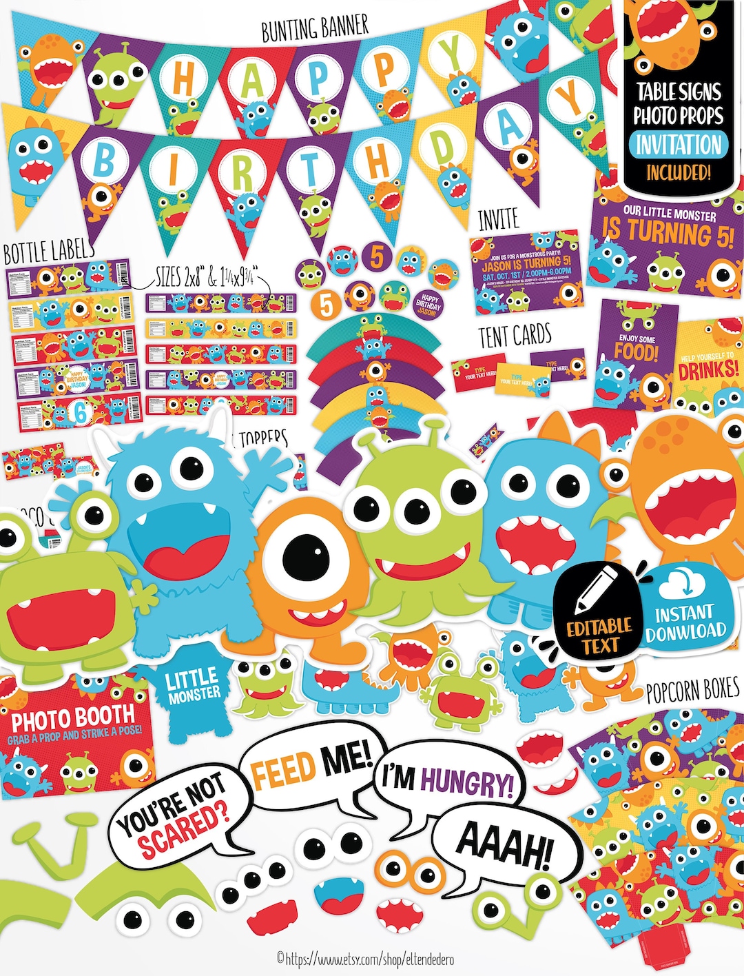 SELF EDITABLE Little Monster Birthday Decorations Package. Printable ...