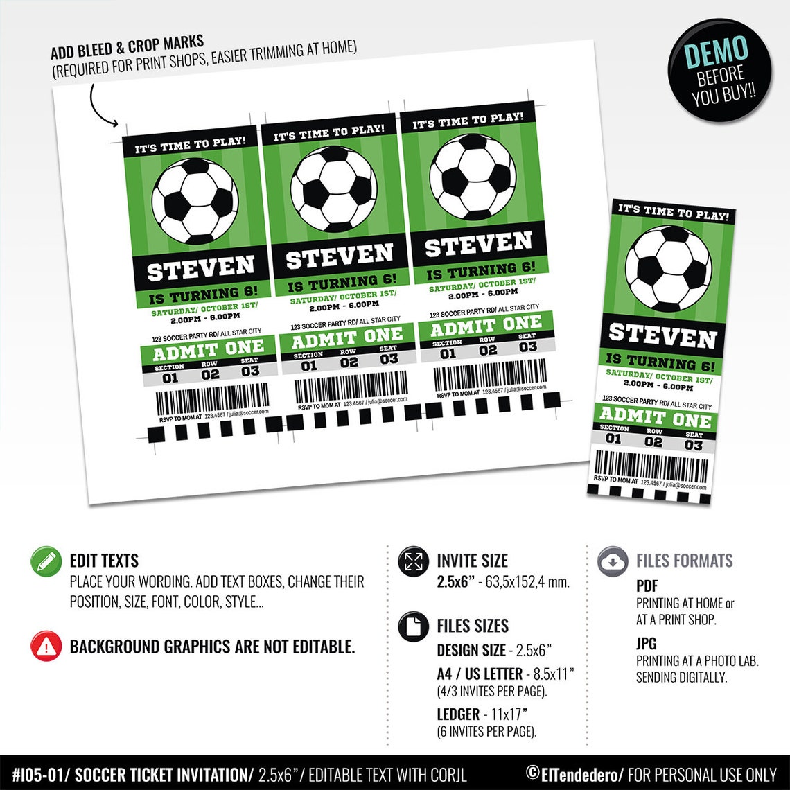 SELF EDITABLE Soccer Ticket Invitation Template Printable | Etsy