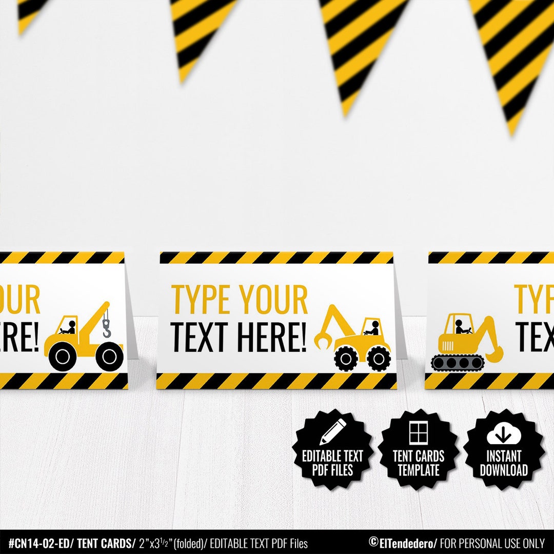 SELF EDITABLE Construction Place Cards, Buffet Cards, Food Tent Cards ...