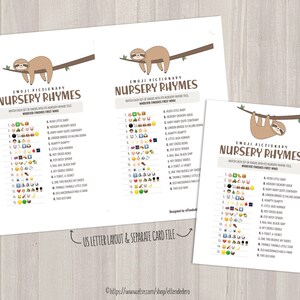 Nursery Rhymes Emoji Quiz Game Cards. Printable Sloth Baby Shower Games ...