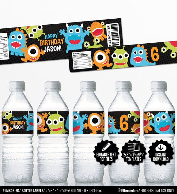 SELF EDITABLE Little Monster Bottle Labels. Printable Kids - Etsy