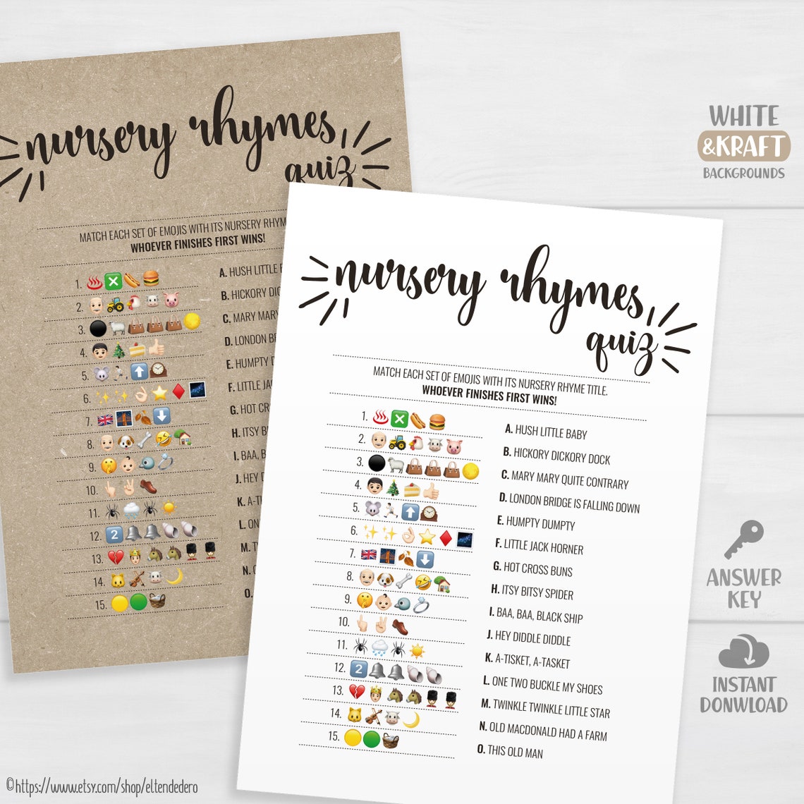 Nursery Rhymes Emoji Quiz Game Cards. Rustic Printable Baby | Etsy