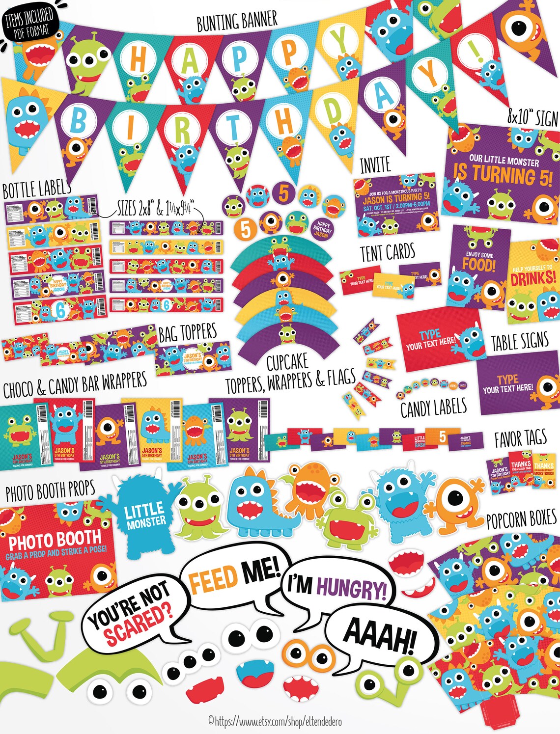 SELF EDITABLE Little Monster Birthday Decorations Package. - Etsy