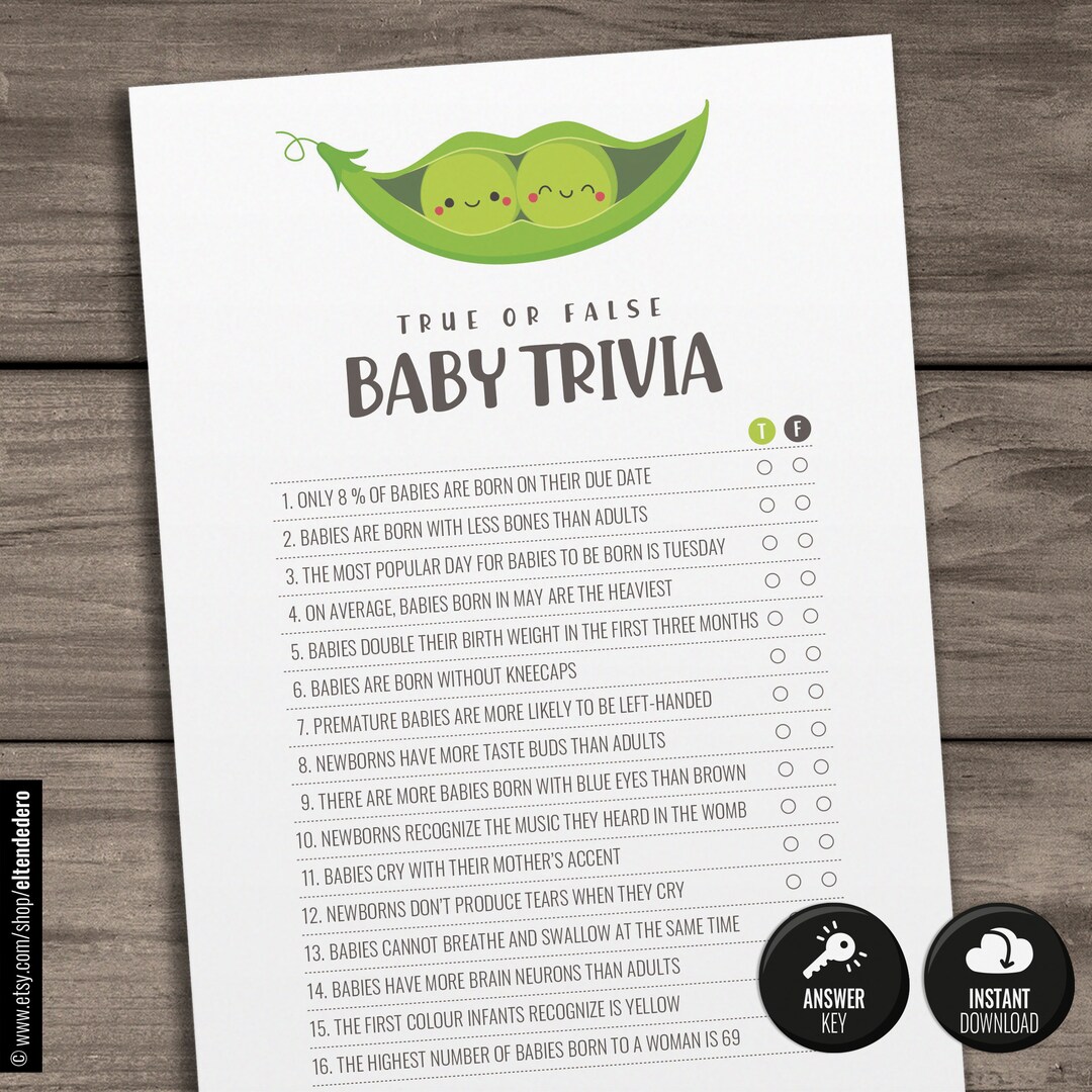 Baby Trivia Game Cards. Two Peas in a Pod Baby Shower Games. True or ...