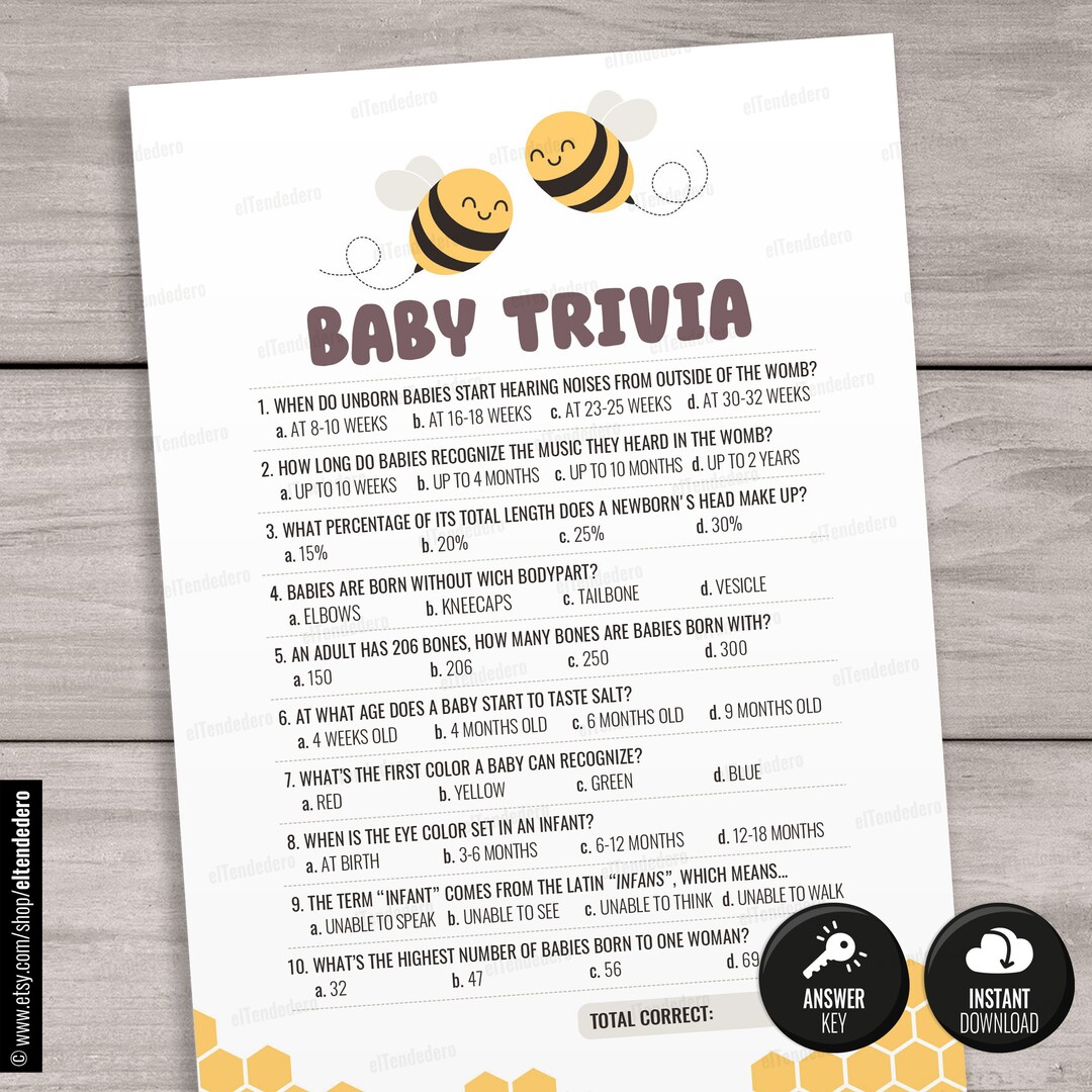 Baby Trivia Game Cards. Honey Bee Baby Shower Games. Baby Trivia Quiz ...