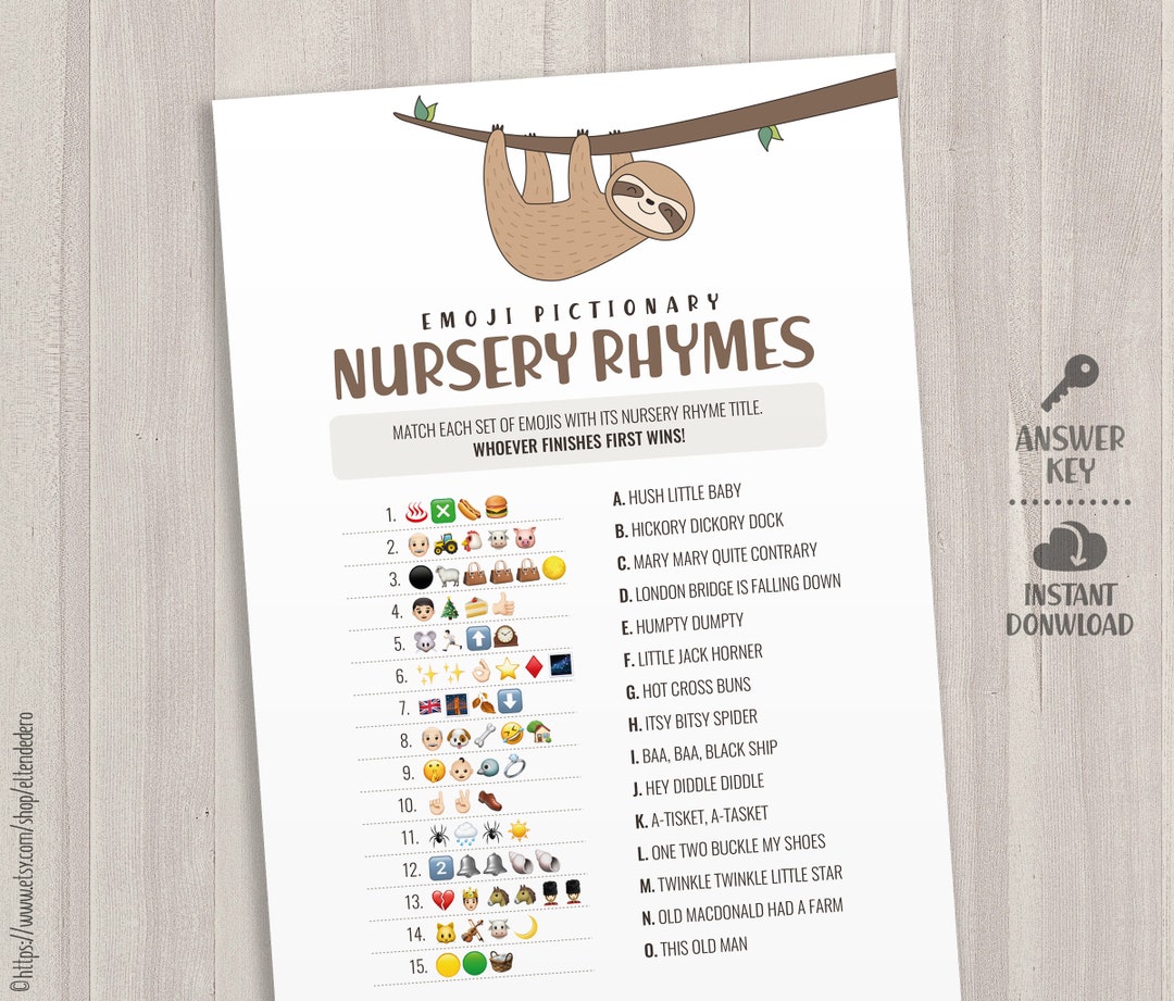 Nursery Rhymes Emoji Quiz Game Cards. Printable Sloth Baby Shower Games ...