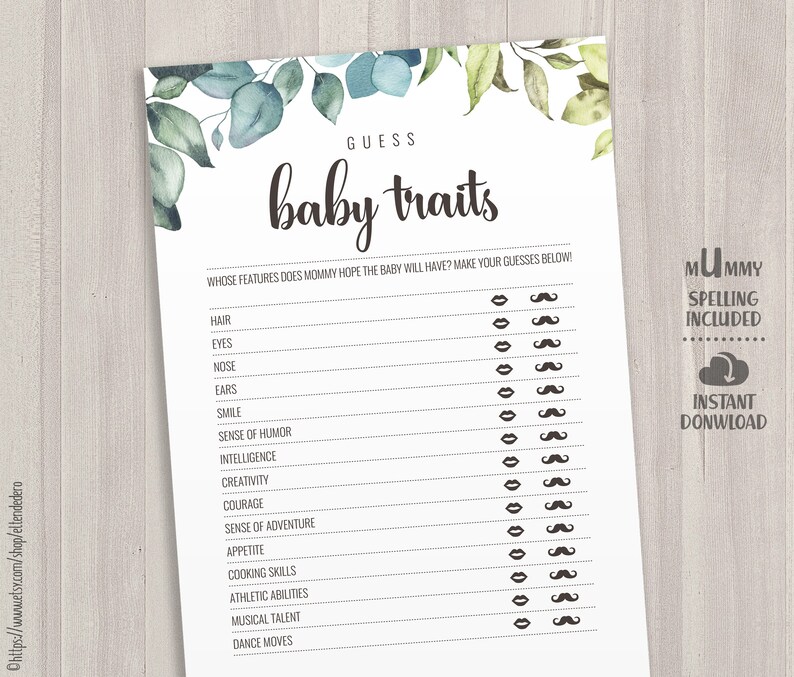 Baby Traits Game Cards. Greenery Baby Shower Games. Printable - Etsy