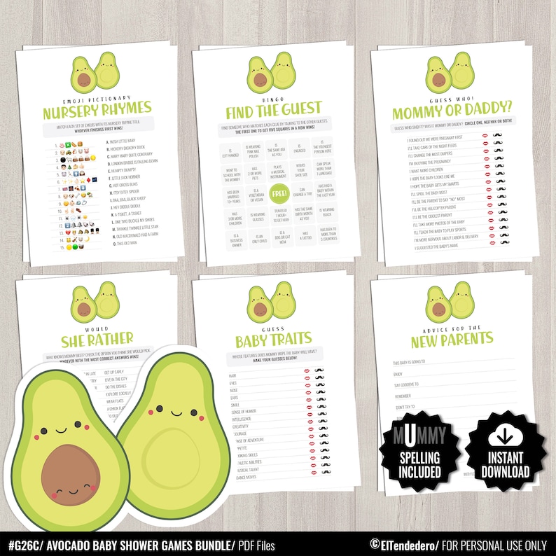 6 Avocado Baby Shower Games Bundle. Printable Games Package. - Etsy