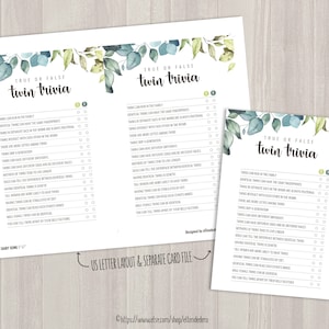 Twin Trivia Cards. Printable Greenery Baby Shower Games. True or False ...