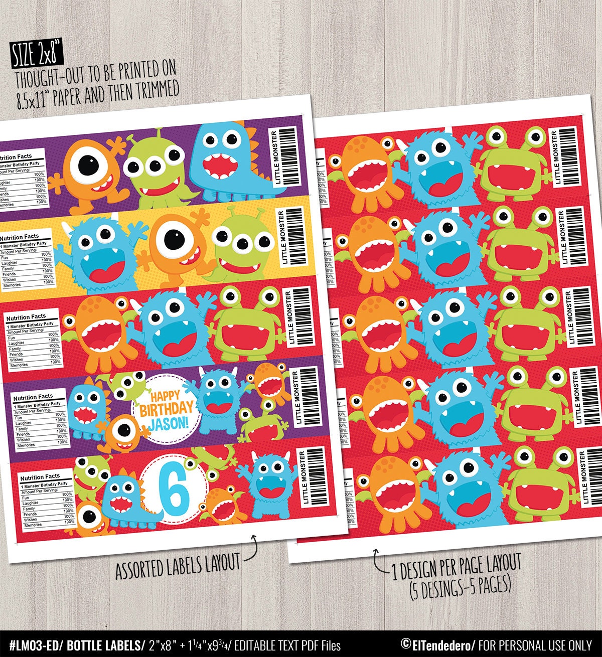SELF EDITABLE Little Monster Bottle Labels. Printable Kids | Etsy