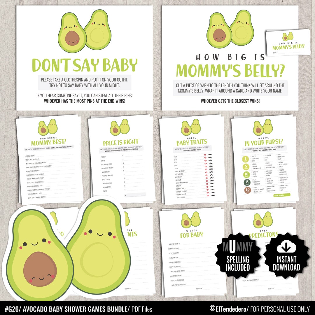 10 Avocado Baby Shower Games Bundle. Printable Games Package. Cute ...