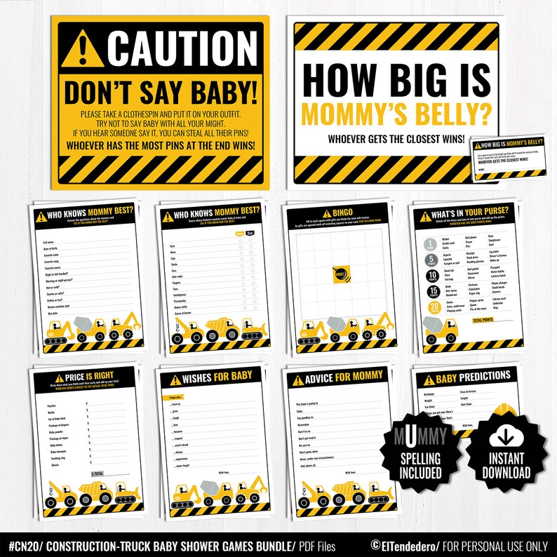 Baby Shower Games Package Printable Under Construction Game | Etsy