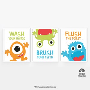 PRINTABLE Bathroom Rules Set Wall Art. Little Monster Wash Brush Flush ...