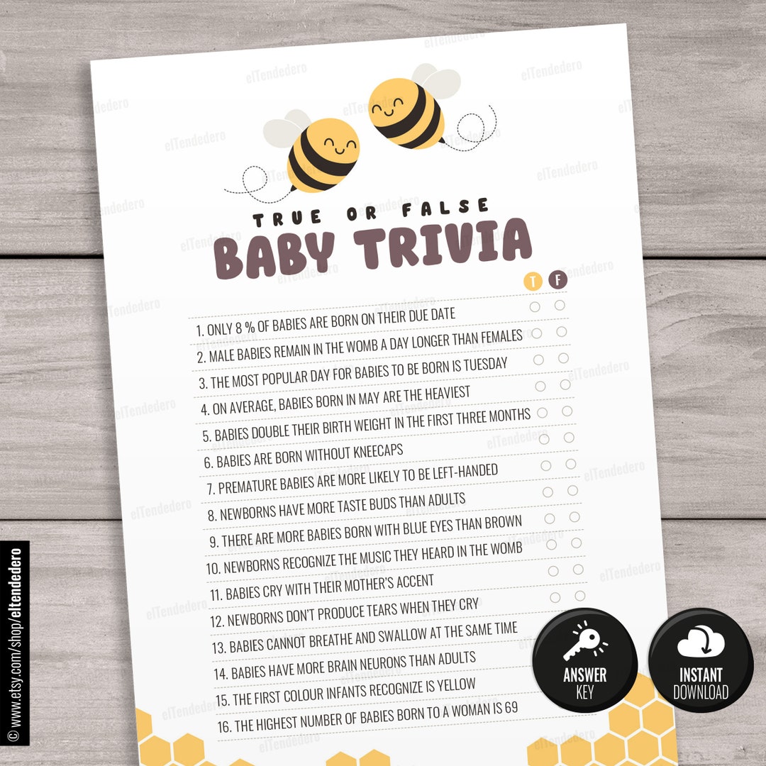 Baby Trivia Game Cards. Honey Bee Baby Shower Games. True or False Baby ...