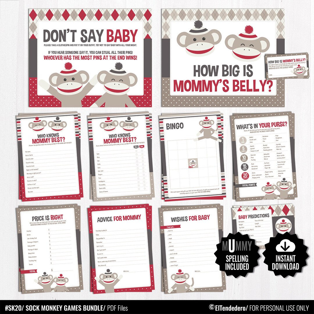 Sock Monkey Baby Shower Games Package - Printable Game Cards - Funny ...
