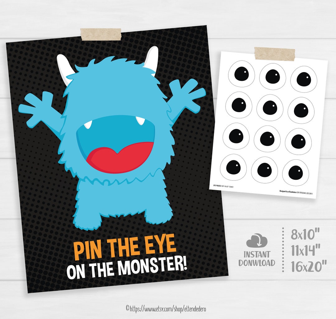 Pin the Eye on the Monster, Little Monster Kids Party Games. Birthday ...