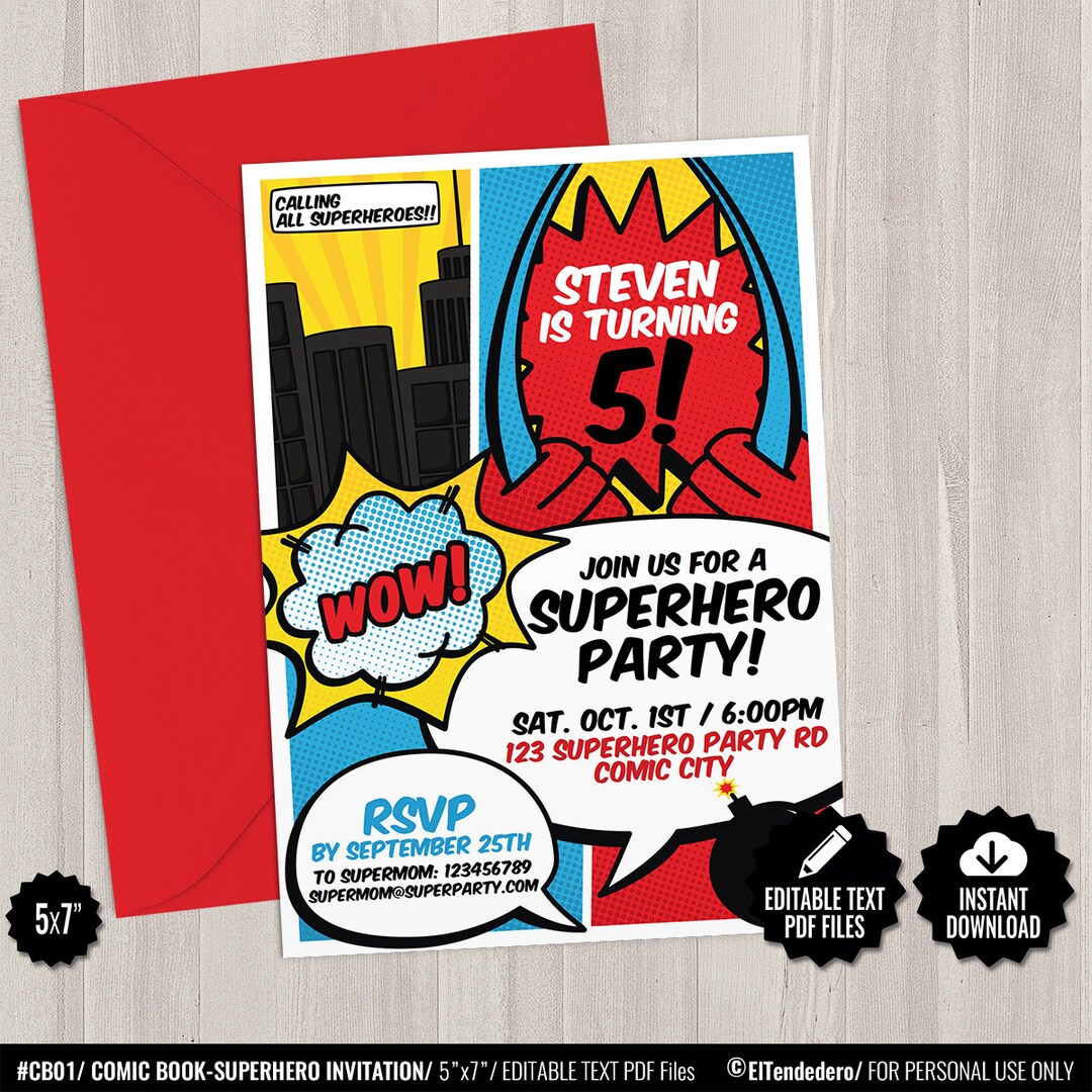 Superhero Invitation Template. Printable Superheroes Comic Book Theme ...