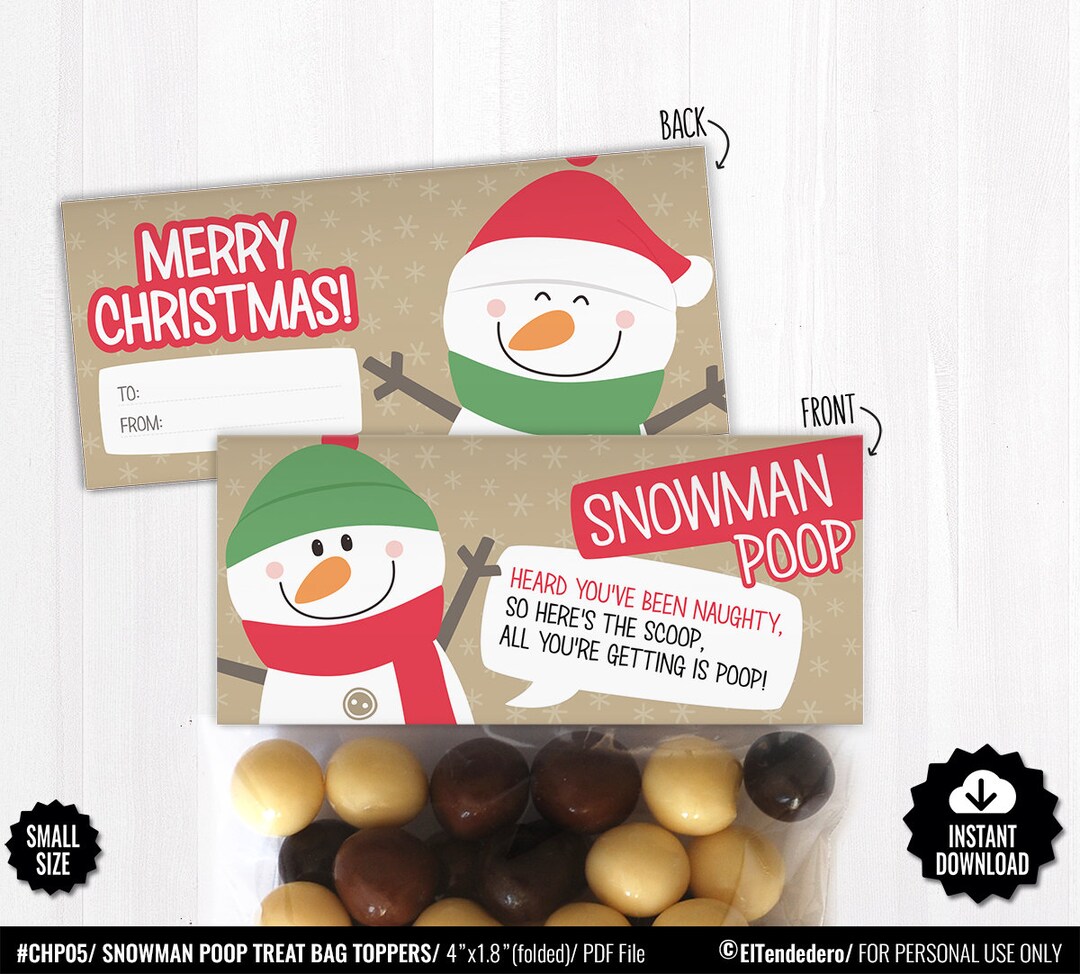 Snowman Poop Bag Toppers. Printable Kids Christmas Treat, Favor Bag ...