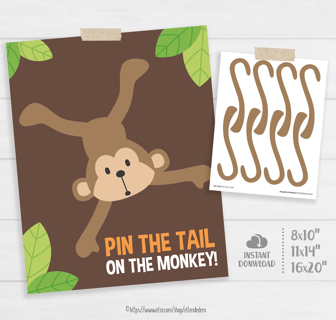 Pin the Tail on the Monkey, Safari Kids Party Games. Jungle Birthday ...