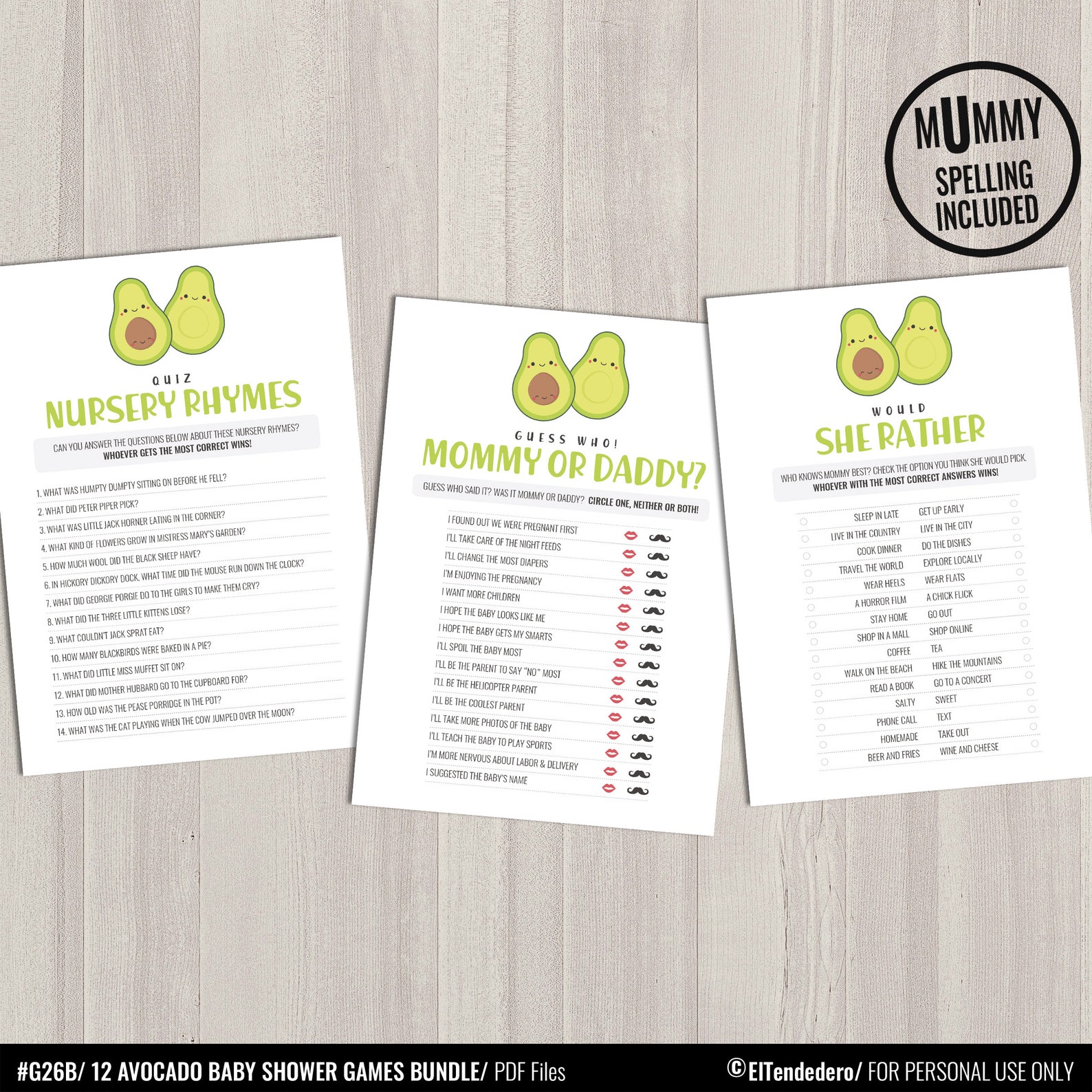 12 Avocado Baby Shower Games Bundle. Printable Games Package. Cute ...