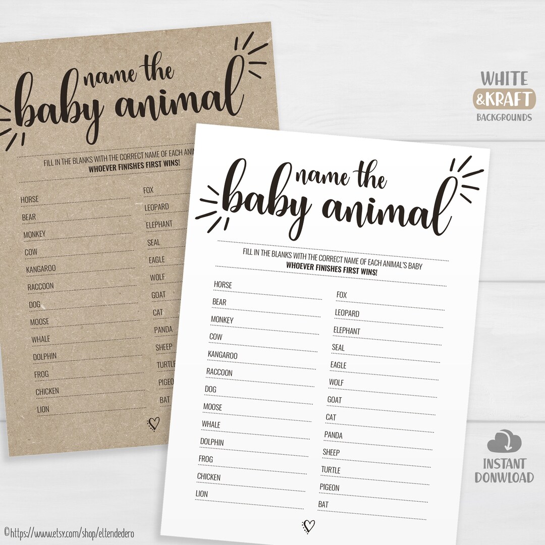 Name the Baby Animal Game Cards. Rustic Printable Baby Shower Baby ...