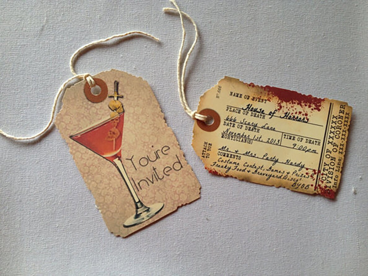 Custom Toe Tag Halloween Party Invitations Personalized Gory Haunted ...