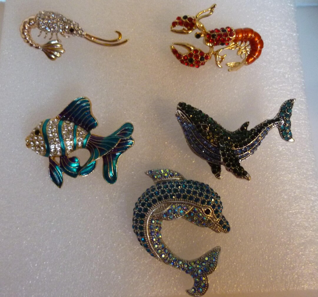 5 Sea Life Pins, Lobster, Shrimp, Fish, Whale, Dolphin Sparkly Brooch ...