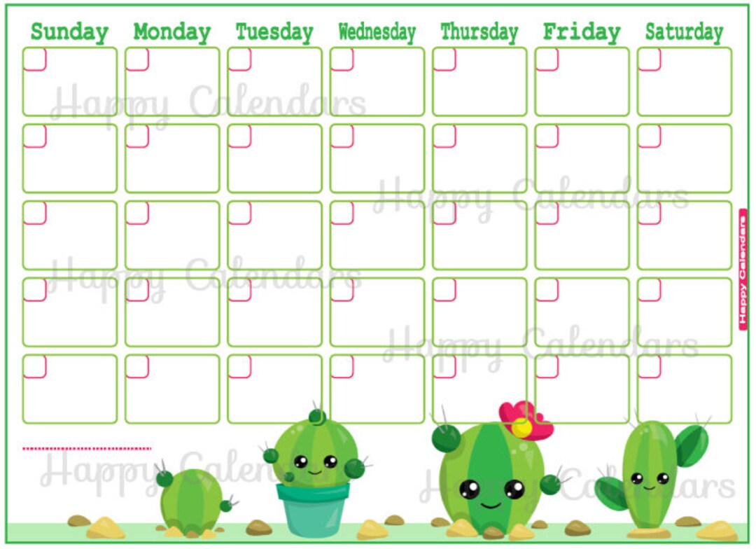 Blank Monthly Calendar Cactus Theme Cute Cactus Planner Printable Cute ...