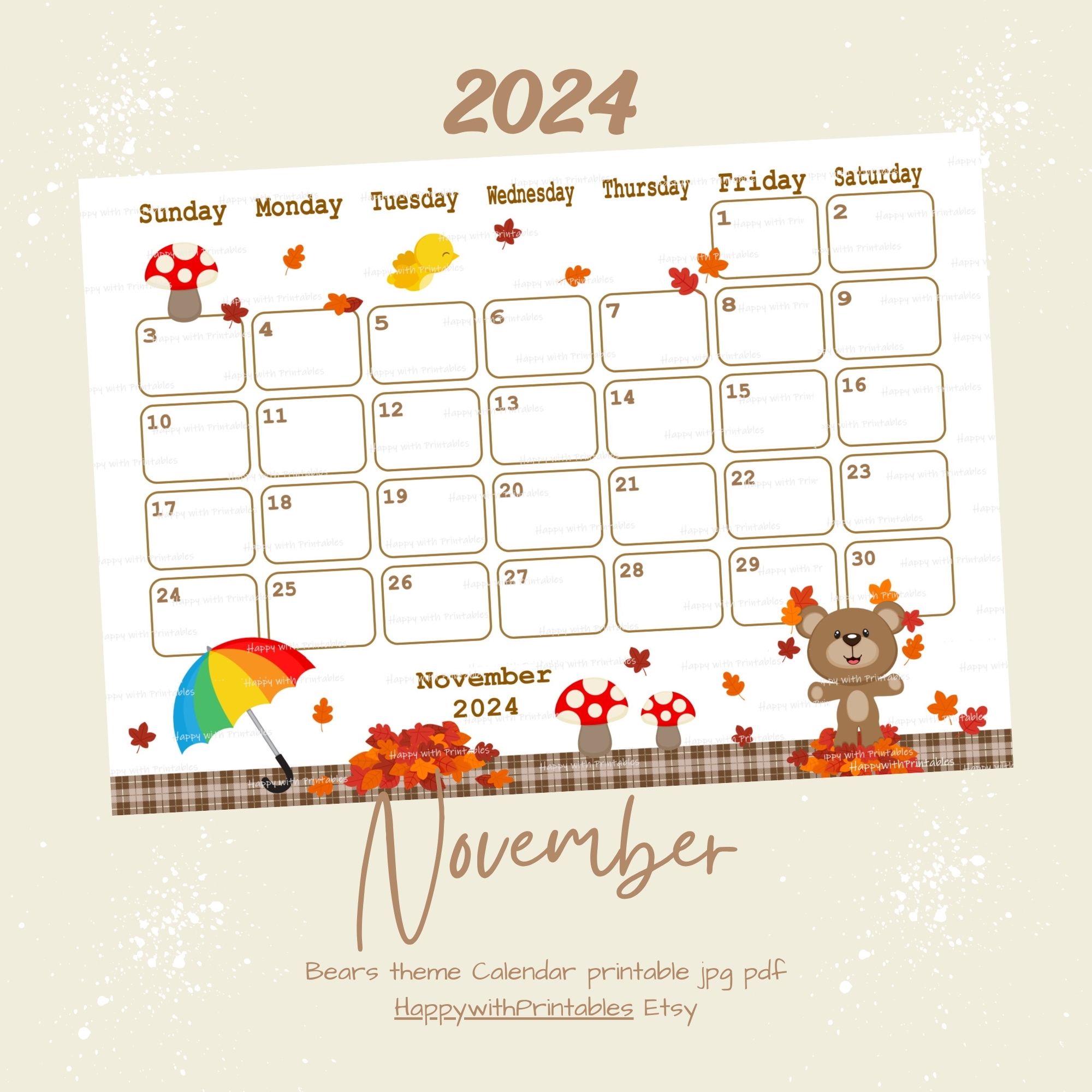 November 2024 Calendar Printable November Planner Bears Faal BEARS ...