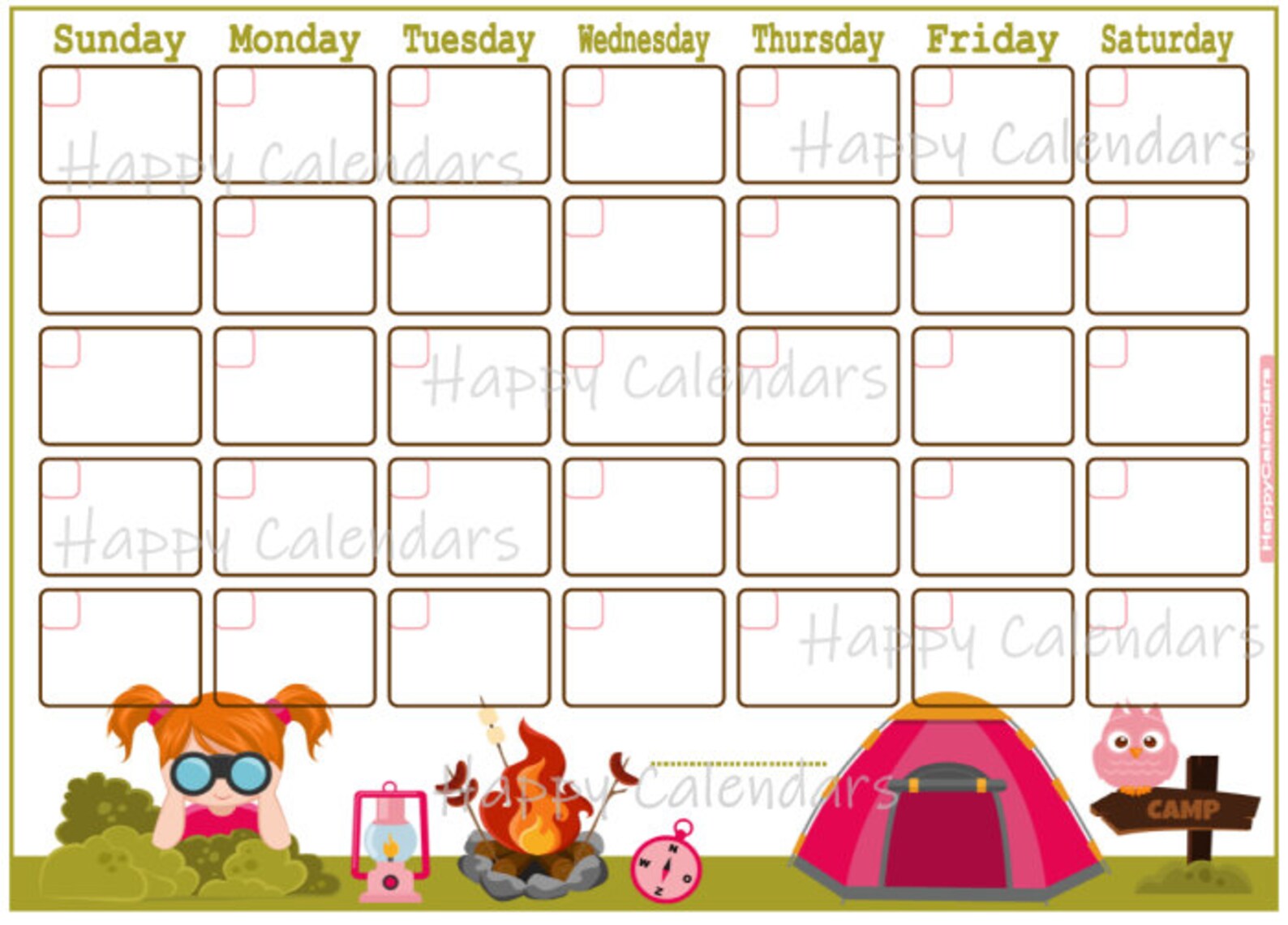 Blank Monthly Calendar Camping Girl Theme Cute Camping | Etsy