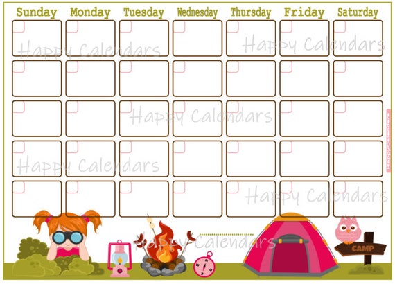 Blank Monthly Calendar Camping Girl Theme Cute Camping | Etsy