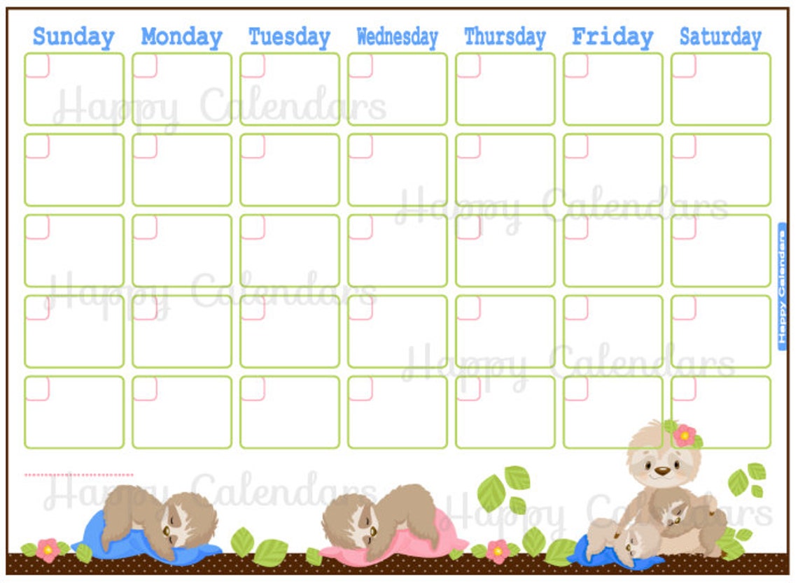 Blank Monthly Calendar Sloths Theme Cute Sleepy Sloth | Etsy
