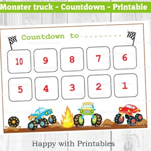 Countdown Calendar Monster Trucks Theme Countdown Printable Monster ...