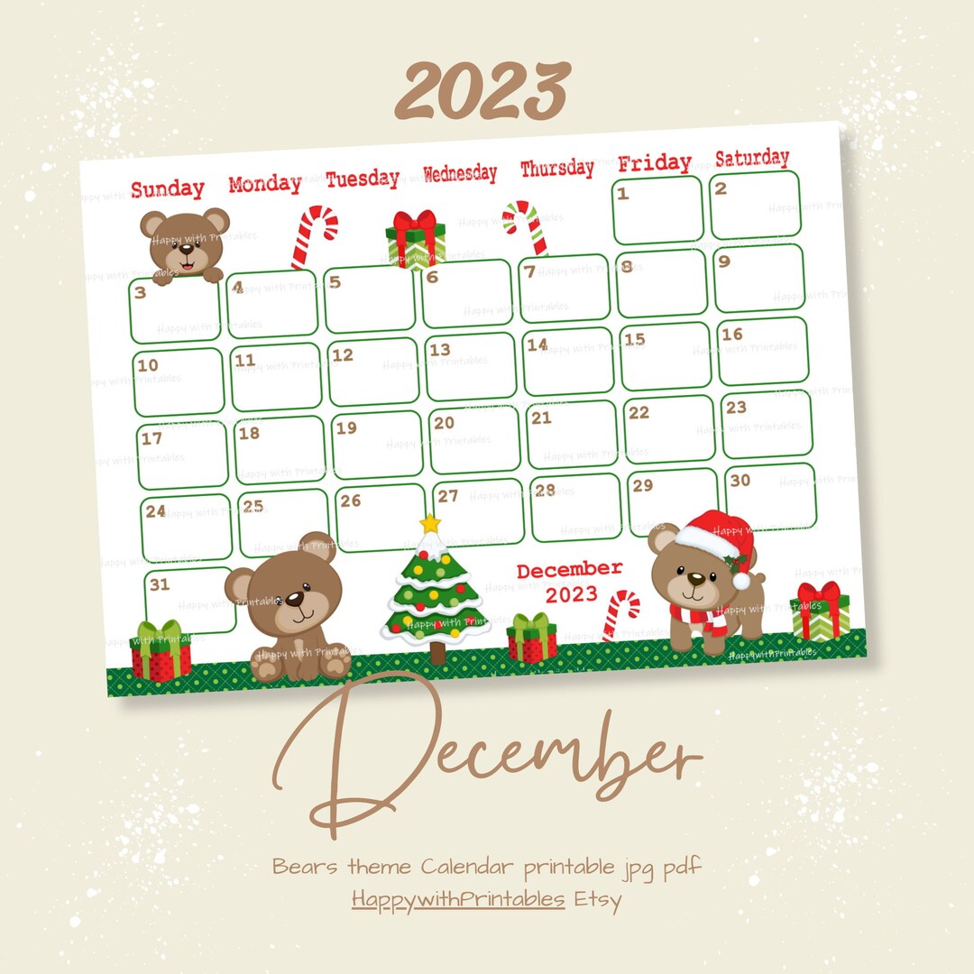 December 2023 Calendar Printable 2023 Christmas Planner Winter Bears ...