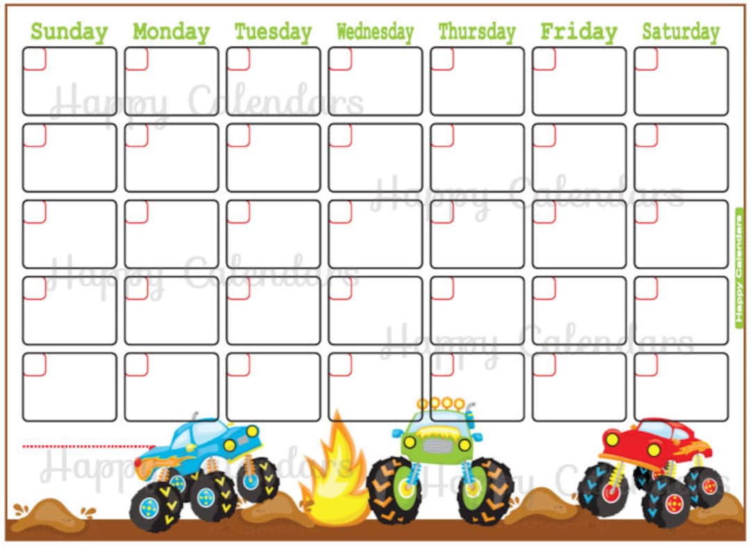 Blank Monthly Calendar Monster Trucks Theme Cute Planner Printable Cute ...