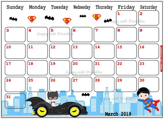 Calendar March 2019 Superhero planner Planner Printable | Etsy