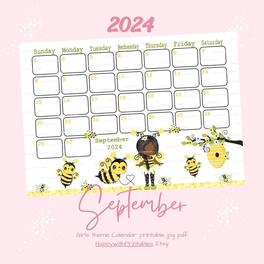 September Calendar Printable 2024 September Planner Girls Bees Theme ...