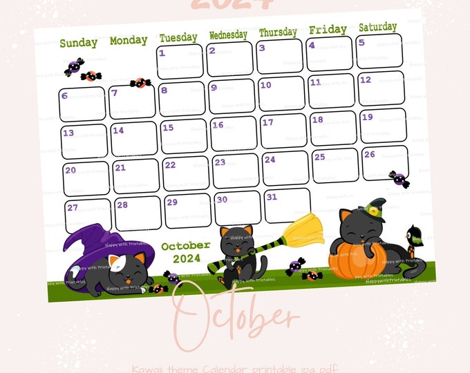 October Calendar Printable 2024 October Kawaii Planner Cute Planner ...